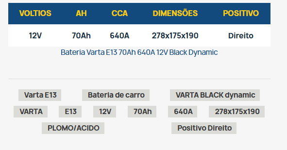 VARTA BLACK DYNAMIC – E13 ( +RH 12v 70Ah) - Wadan Loja